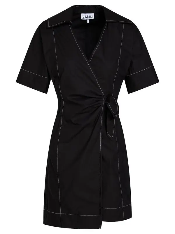 GANNI Cotton-poplin Mini Wrap Dress - Black