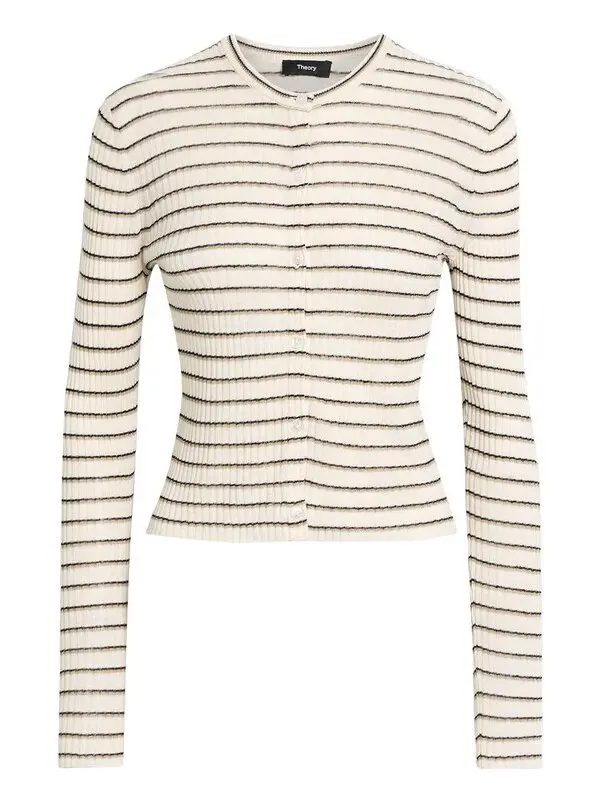 Theory Striped Ribbed Linen-blend Cardigan - Ecru