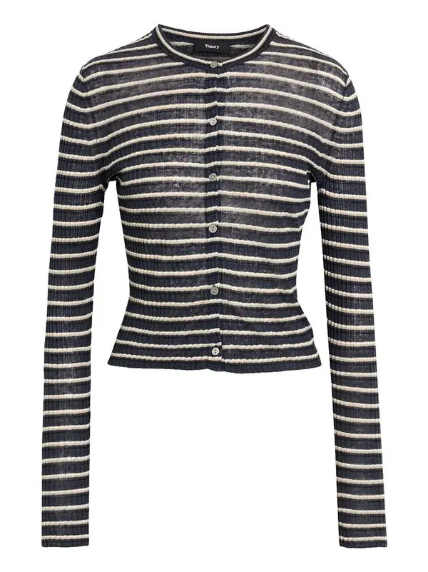 Theory Striped Ribbed Linen-blend Cardigan - Navy