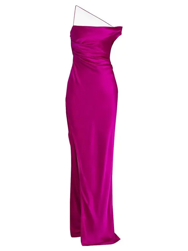 THE SEI One-shoulder Draped Silk-satin Gown - Magenta