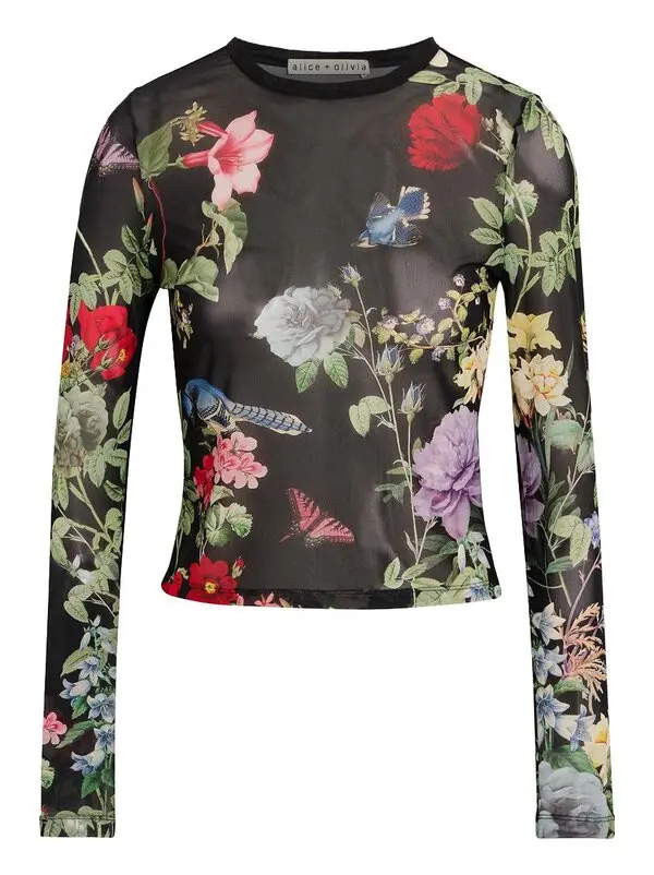 Alice + Olivia Floral-print Stretch-mesh Top - Black