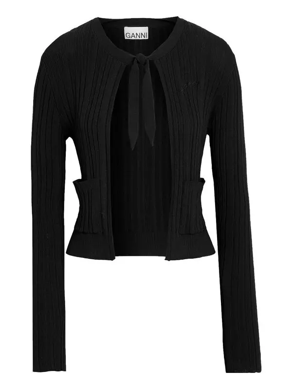 GANNI Ribbed-knit Tie-front Cardigan - Black