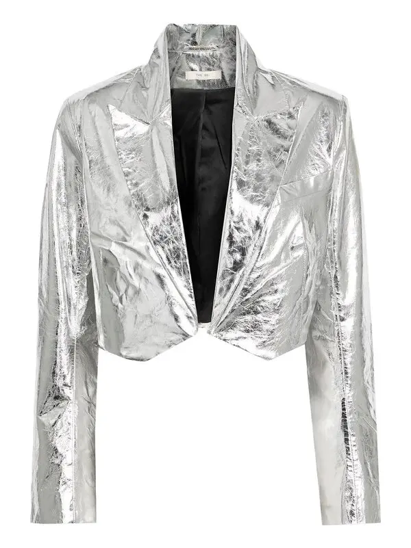 THE SEI Cropped Metallic Textured-leather Blazer - Silver
