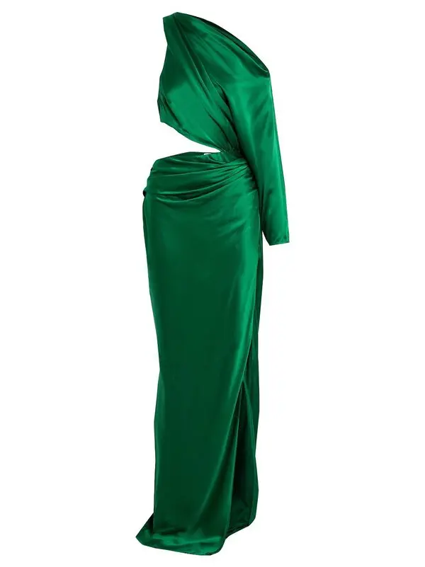 THE SEI One-sleeve Cutout Silk-satin Gown - Emerald