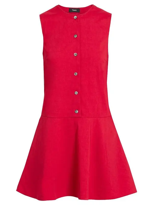 Theory Flared Linen-blend Mini Dress - Crimson