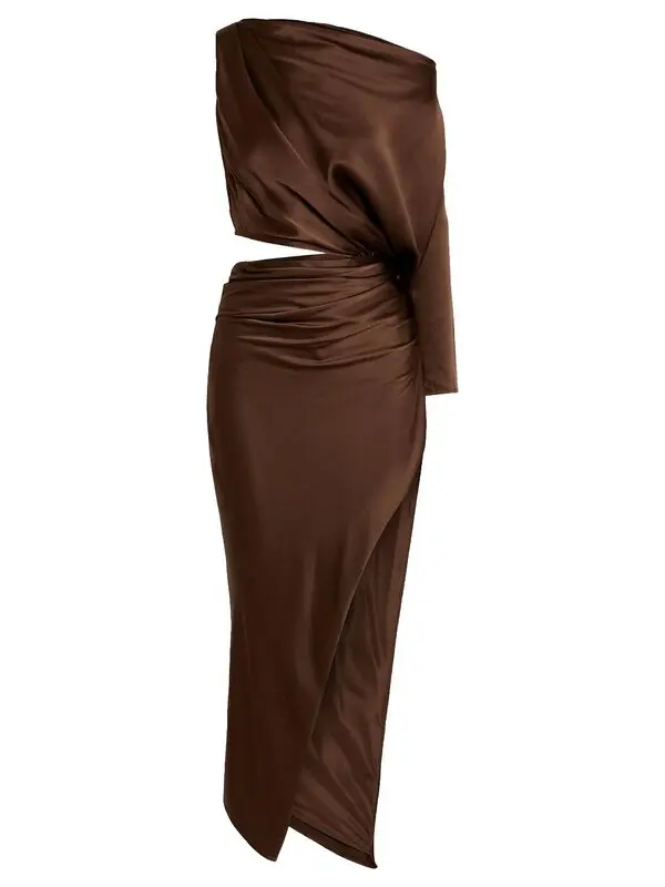 THE SEI One-sleeve Cutout Silk-satin Maxi Dress - Chocolate