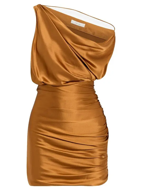 THE SEI One-shoulder Draped Silk-satin Mini Dress - Light Brown