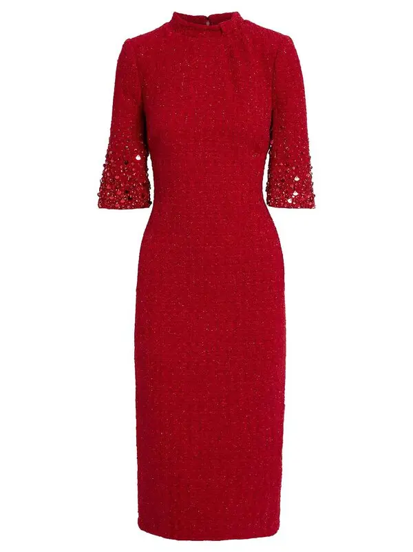 Badgley Mischka Embellished Tweed Midi Dress - Red