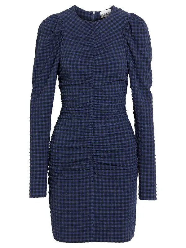 GANNI Ruched Checked Seersucker Mini Dress - Midnight Blue