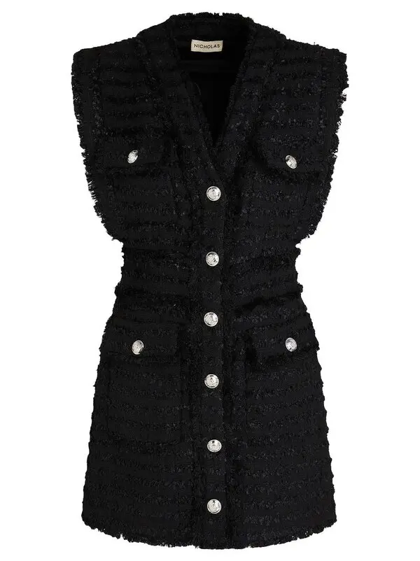 NICHOLAS Frayed Bouclé-tweed Mini Dress - Black