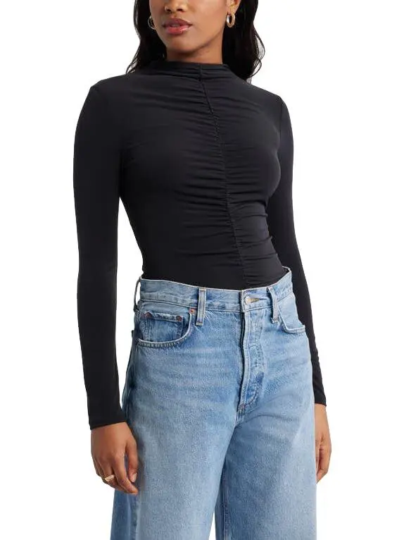 OPEN EDIT Shirred Mock Neck Top - Black
