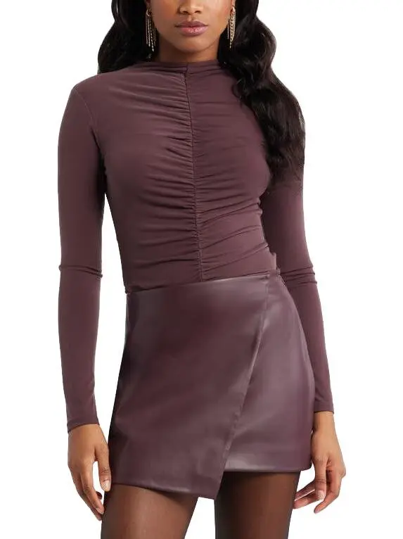 OPEN EDIT Shirred Mock Neck Top - Burgundy Fudge