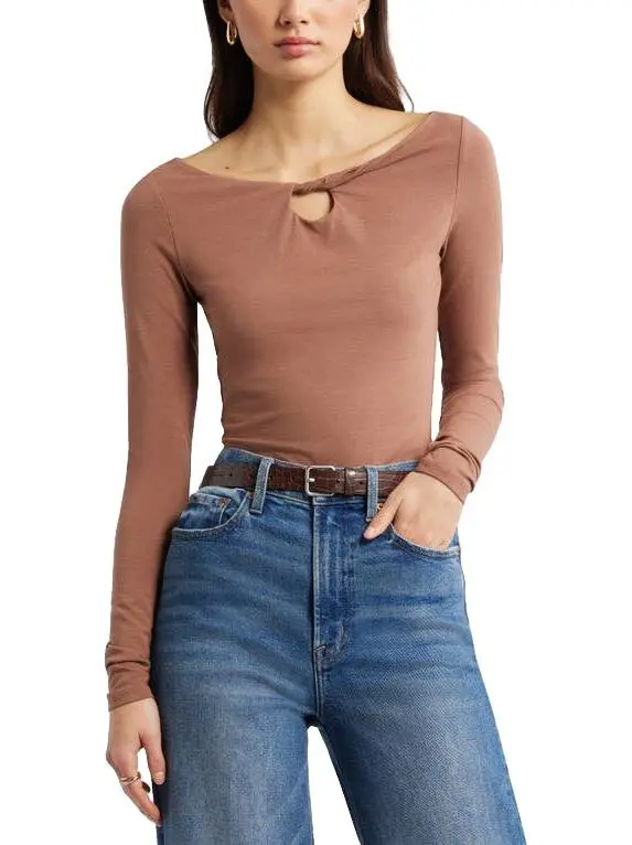 OPEN EDIT Twist Neck Cutout Top - Brown Topaz