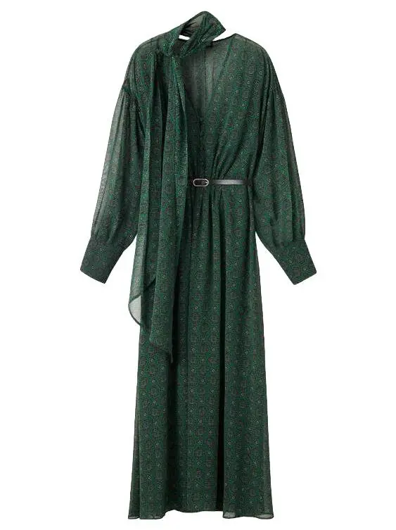 Mango Medallion Print Long Sleeve Dress With Scarf - Green