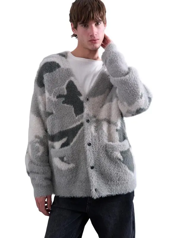 Topman Abstract Print Fuzzy V-neck Oversize Cardigan - Grey