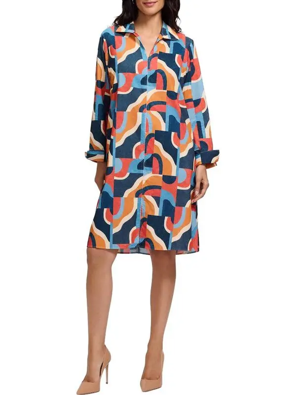 Foxcroft Agnes Print Corduroy Long Sleeve Dress - Blue/red Multi