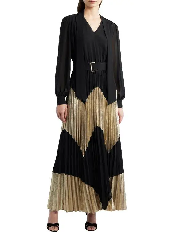 Elie Tahari Chevron Pleated Maxi Dress - Noir/metallic Gold