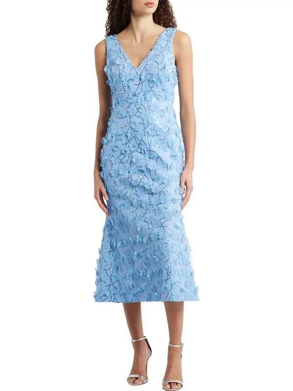 Eliza J Sequin Floral Appliqué Cocktail Midi Dress - Lake