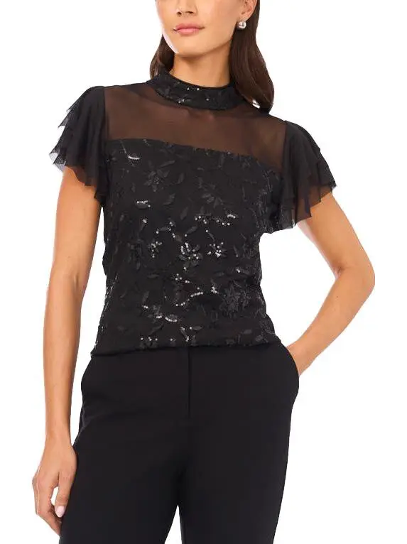 Vince Camuto Floral Sequin Flutter Sleeve Top - Rich Black