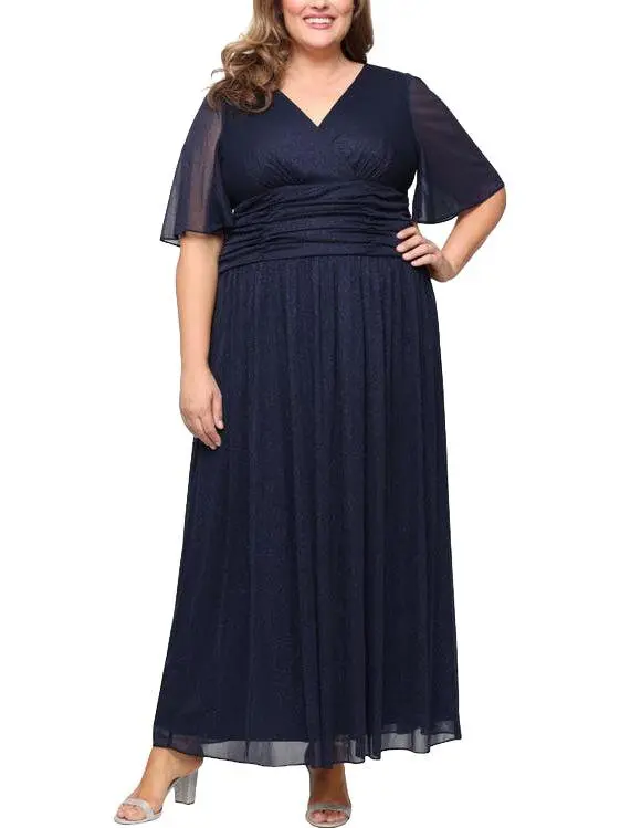 SL FASHIONS Glitter Flutter Sleeve Gown - Navy