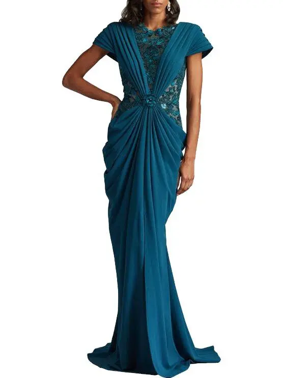 Tadashi Shoji Pleated Lace Gown - Cerulean
