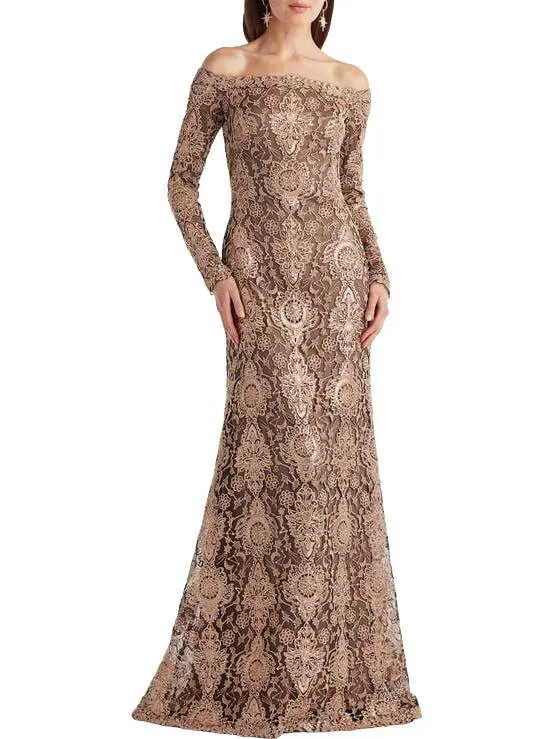Tadashi Shoji Sequin And Lace Off-the-shoulder Gown - Ginseng