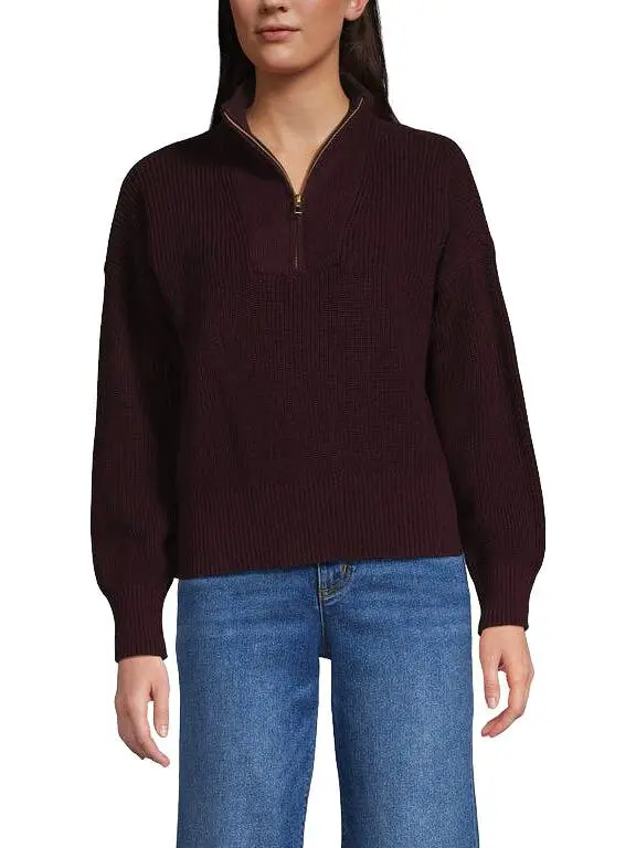 LANDS' END Drifter Shaker Wedge Quarter Zip Sweater - Aged Wine Heather