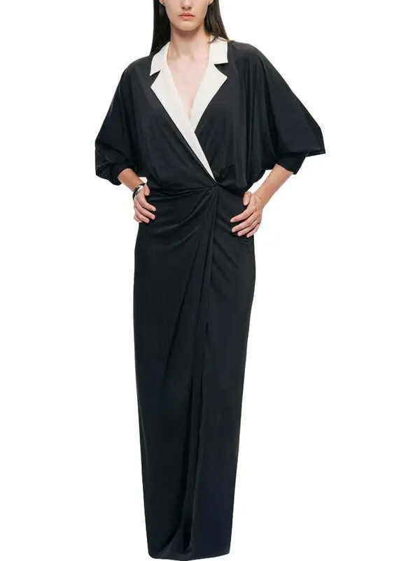 NOCTURNE Contrast Lapel Draped Maxi Dress - Black