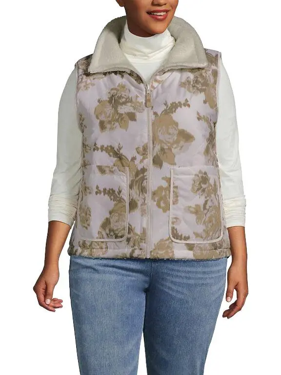 LANDS' END High Pile Fleece Reversible Mixed Media Vest - Ivory/ivory Rose