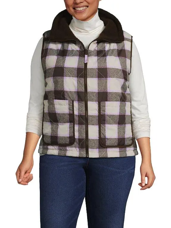 LANDS' END High Pile Fleece Reversible Mixed Media Vest - Rich Coffee/brown Check