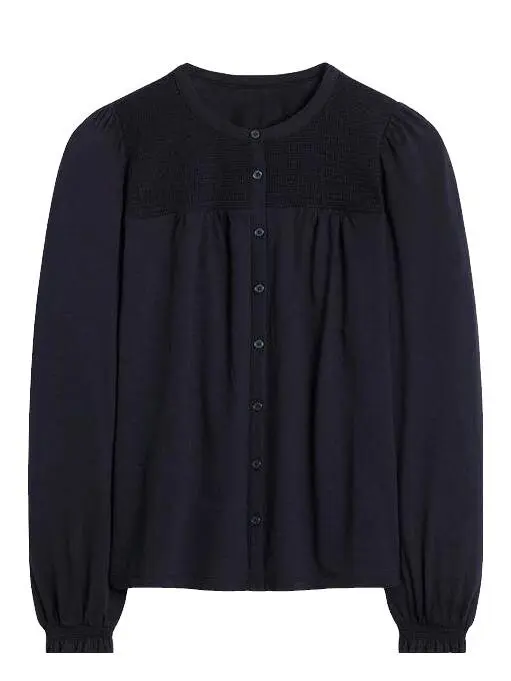 Boden Smocked Yoke Knit Button-up Shirt - Navy