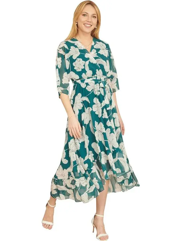 YUMI Floral Print Midi Wrap Dress - Green