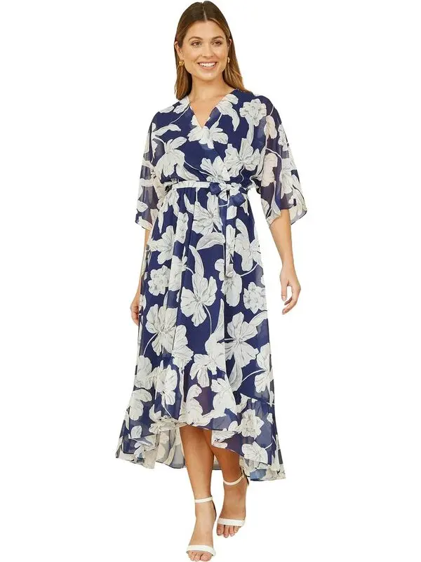 YUMI Kimono Sleeves Midi Wrap Dress - Navy