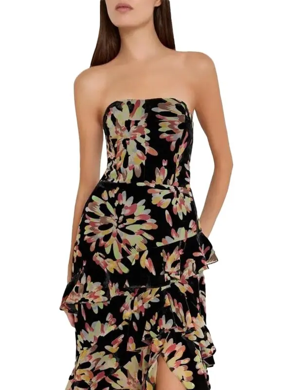 MILLY Raelynn Burnout Velvet Ruffle Maxi Dress - Black Mult