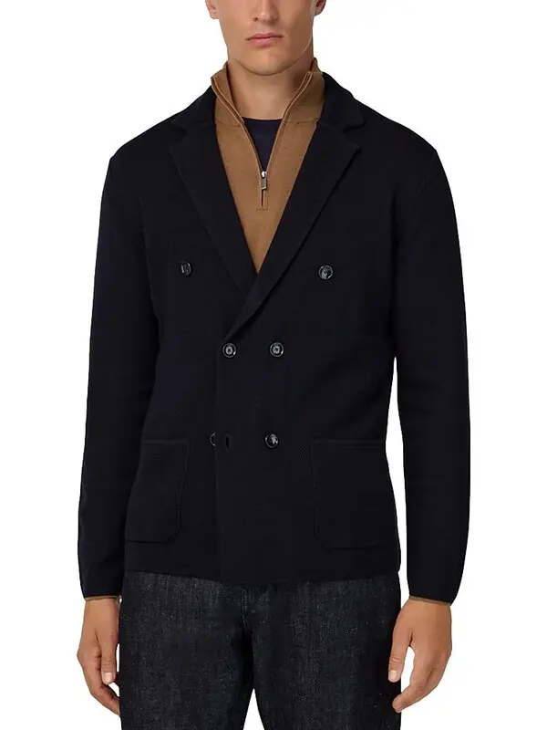 Boggi Milano Extra Fine Merino Wool Knitted Regular Fit Double Breasted Blazer Exclusive - Navy Blue