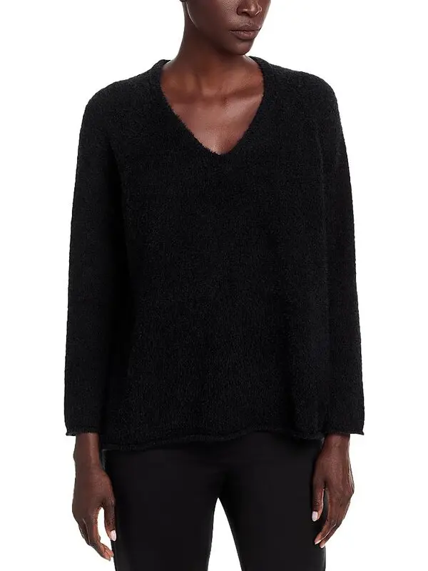 Eileen Fisher V-neck Fringed Cotton Sweater - Black