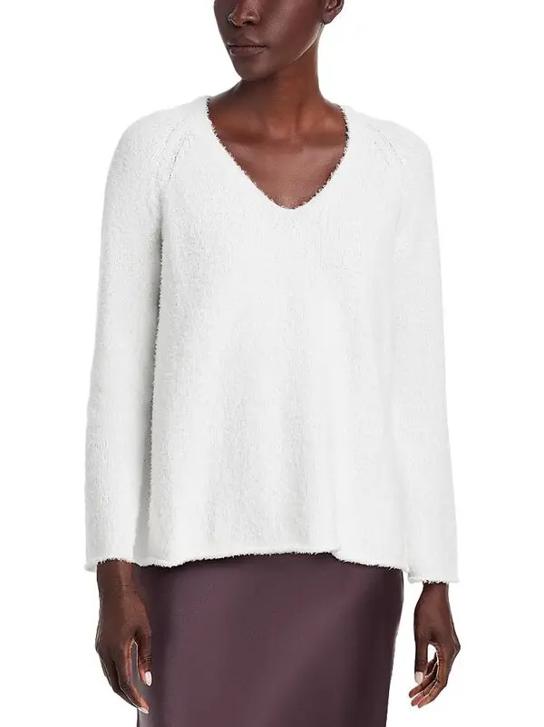 Eileen Fisher Fringed V-neck Cotton Sweater - Ivory