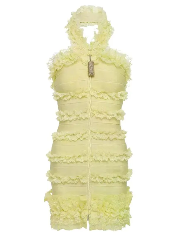 SELF-PORTRAIT Ruffled Zip Mini Dress - Yellow