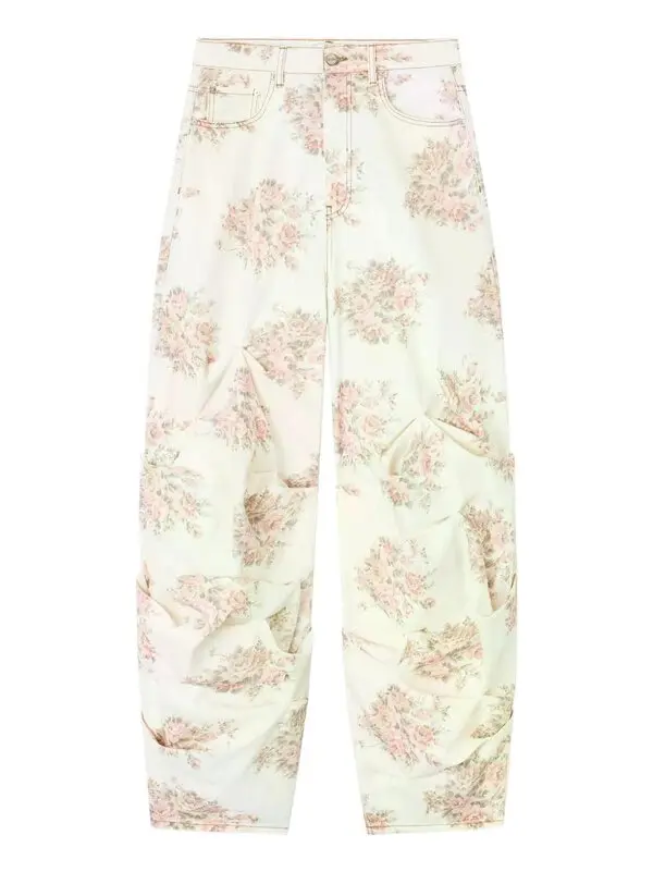 GANNI Floral-print Gathered Jeans - Neutrals