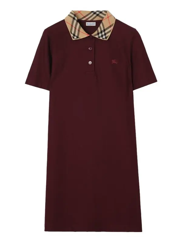 Burberry Check Collar Cotton Polo Shirt Dress - Vineyard Red