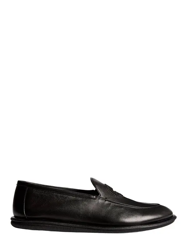 Giorgio Armani Leather Monogram-embroidered Loafers - Black