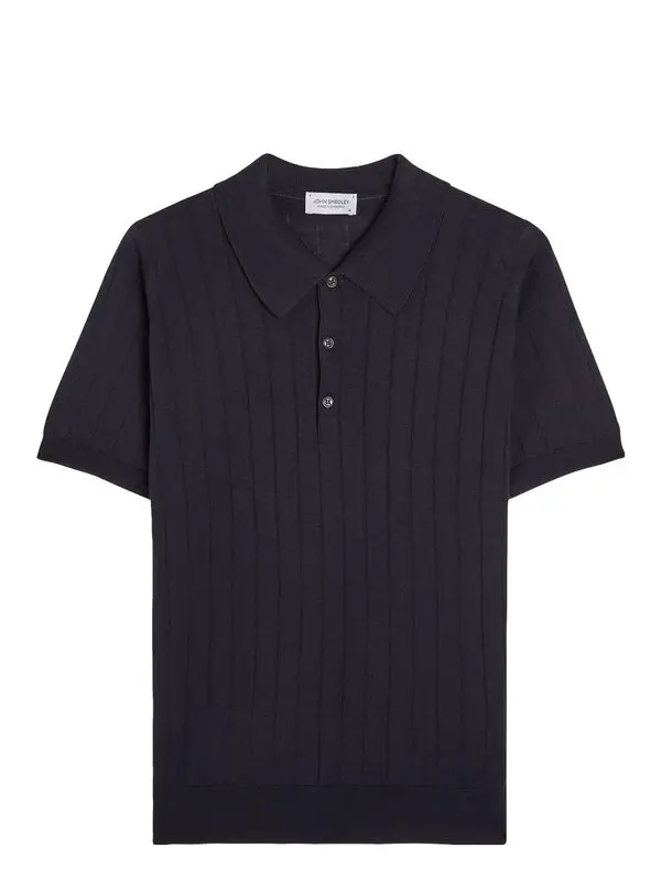 John Smedley Willia Striped Wool And Cotton-blend Polo Shirt - Navy