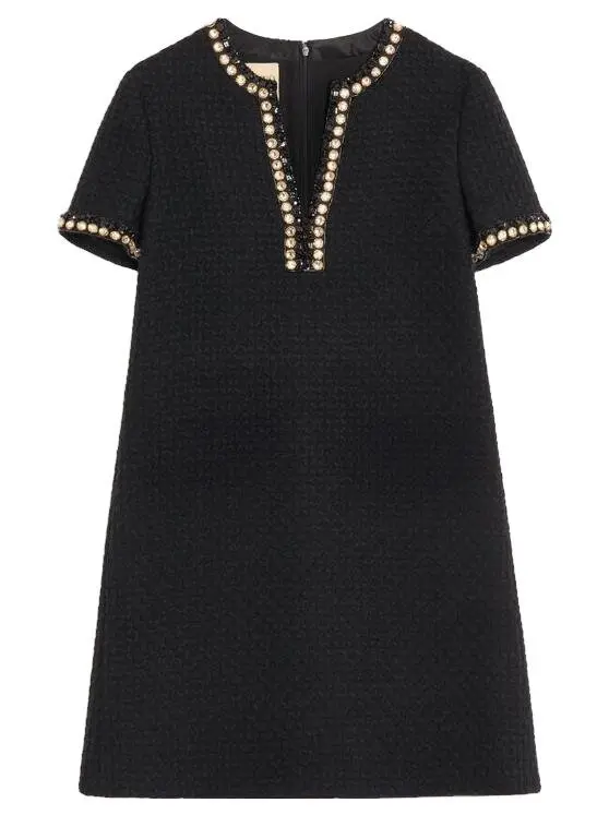 Valentino Garavani Embroidered Canestrello Tweed Short Dress - Black/silver
