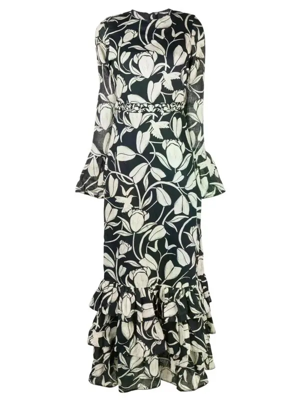 Agua Bendita Flora-print Ruffled Linen Dress - Blue