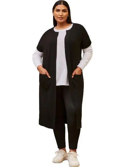 LIVE UNLIMITED Ribbed Neck Longline Cardigan - Black