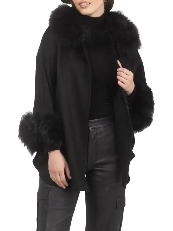 Gorski Wool Cape With Shearling Collar And Cuffs - Black