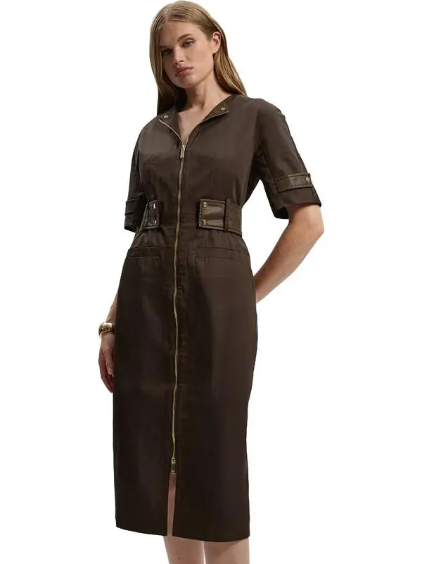 Karen Millen Cotton Utility Midi Dress With Faux Leather Accents - Chocolate
