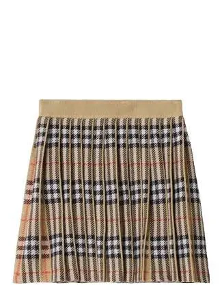 Burberry Pleated Check Wool Blend Skirt - Sand Beige