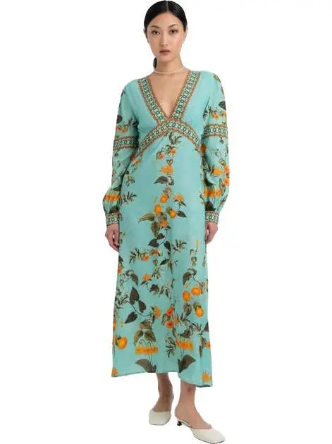 RAISHMA Floral Print Viscose Crepe Midi Dress - Blue