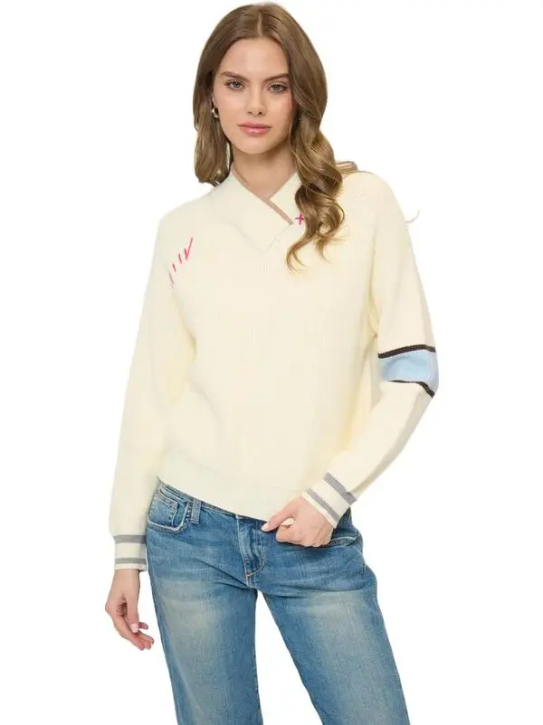 Central Park West Parker Crossover Neck Sweater - Ivory Combo